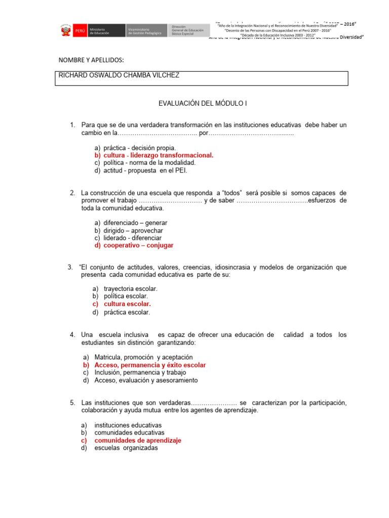 Prueba Modulo I | PDF | Inclusión (Educación) | Escuelas