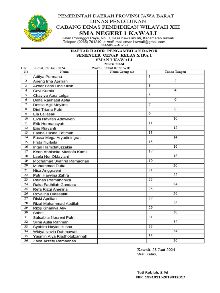 DAFTAR HADIR Pengambilan Rapor Kelas X, 28 Juni 24 | PDF