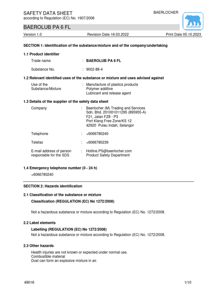 Sds - Baerolub Pa 6 FL | PDF | Dangerous Goods | Toxicity