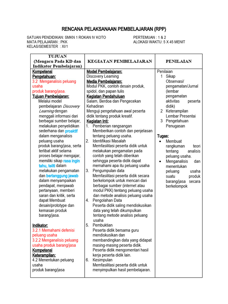 RPP PKK SMK KD 3.2 (Sem 1) | PDF | Seni