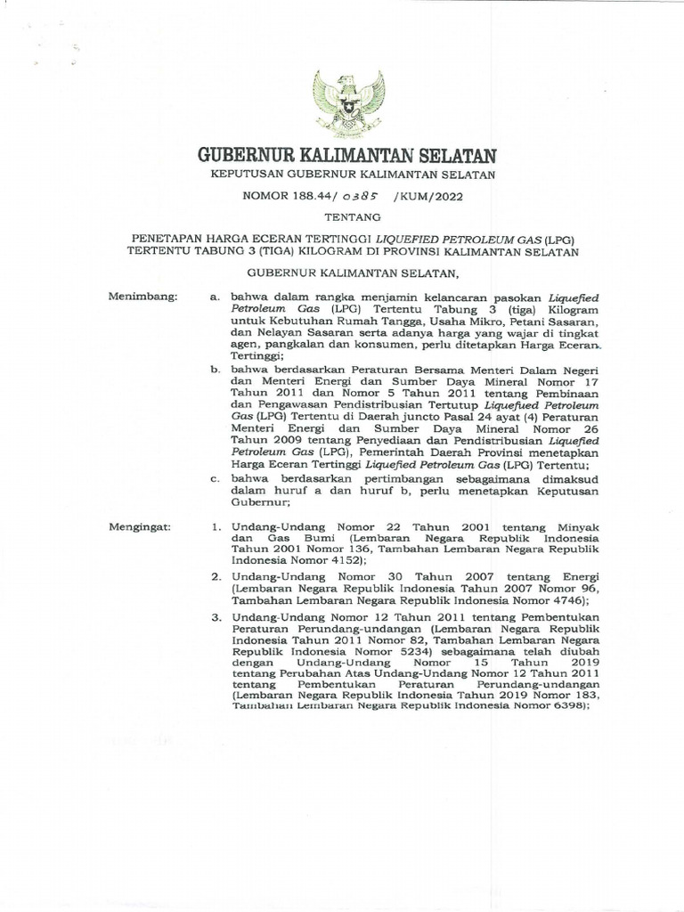 Surat Keputusan Gubernur Kalimantan Selatan Tentang Penetapan HET LPG 3 ...