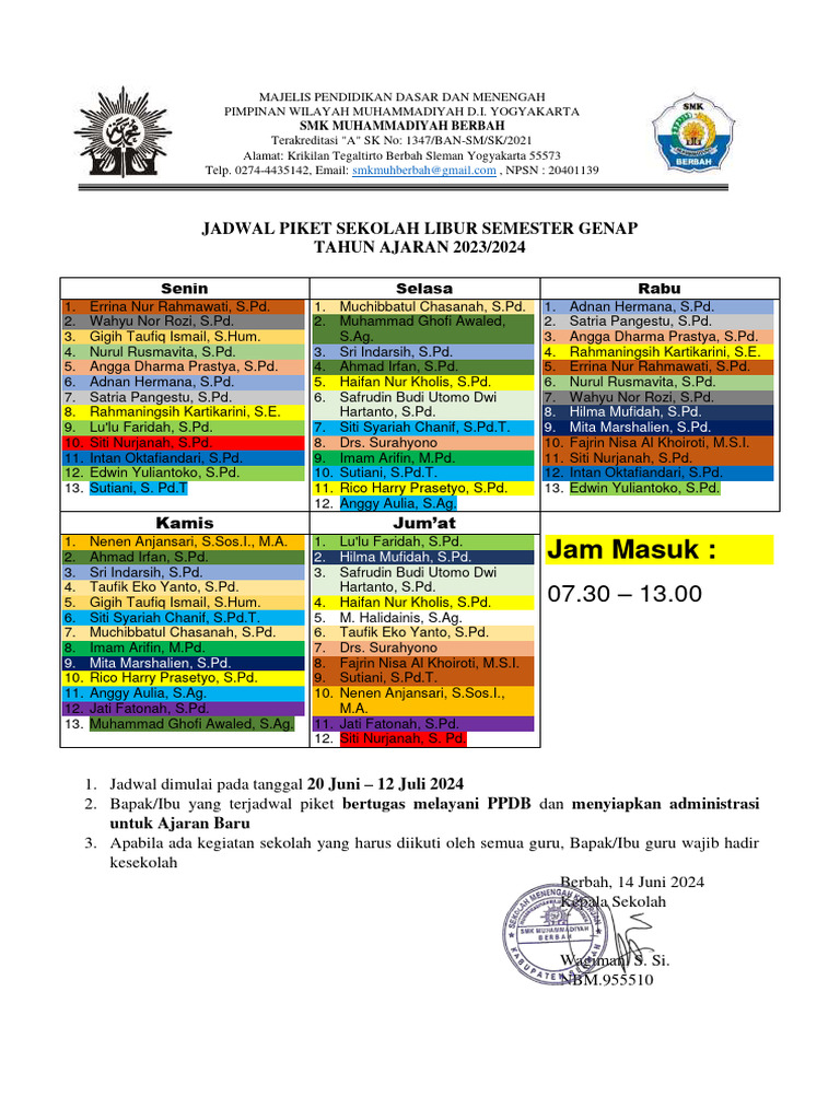 Jadwal Piket Sekolah Libur Genap 2023 2024 | PDF