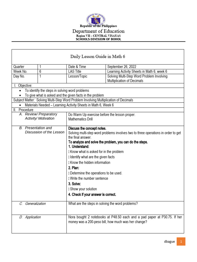 Department of Education: Daily Lesson Guide in Math 6 | PDF ...