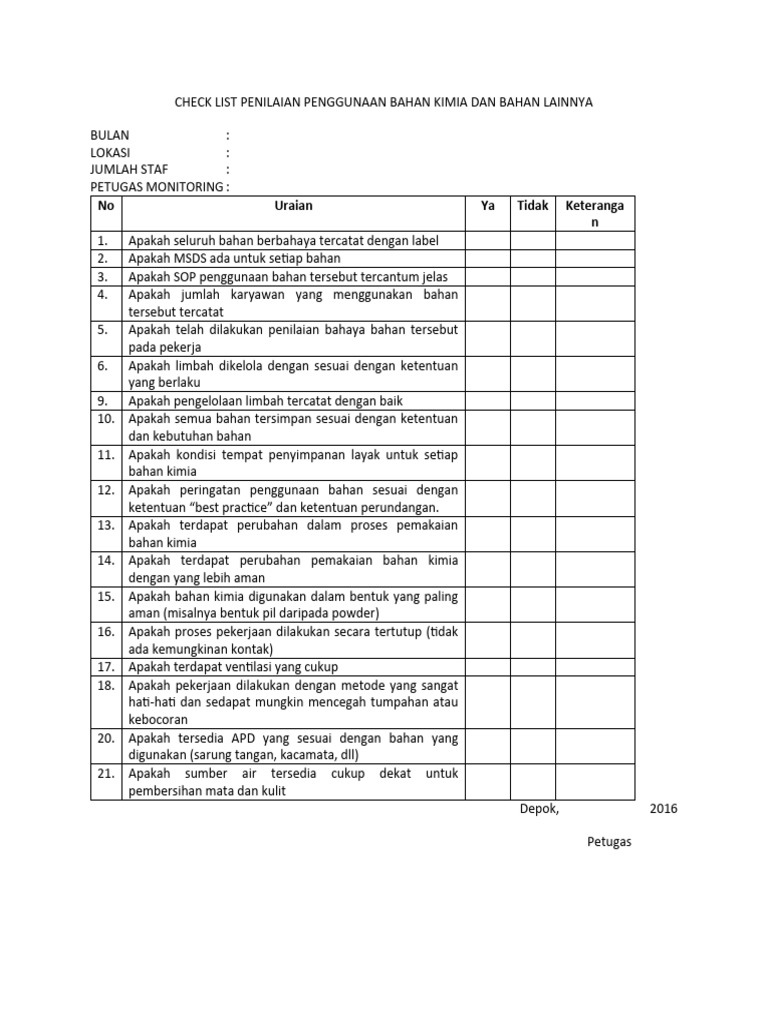 CHECK LIST PENILAIAN PENGGUNAAN BAHAN KIMIA DAN BAHAN LAINNYA | PDF