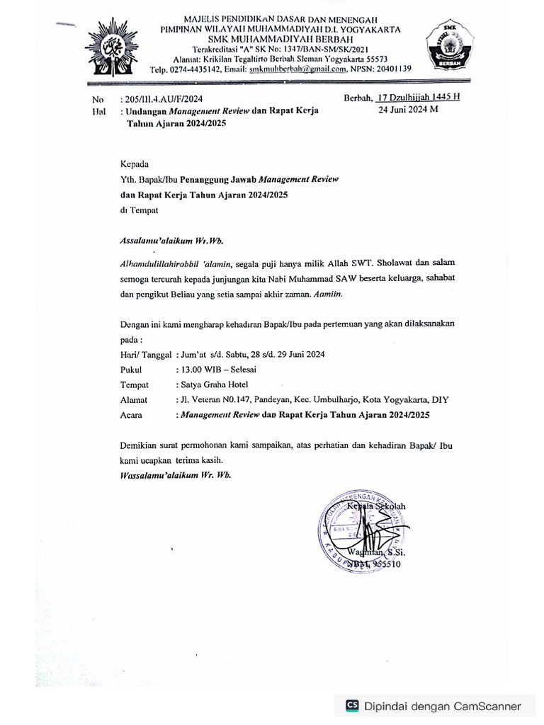 Undangan Dan Surat Tugas Management Review Dan Raker 2024 2025 | PDF