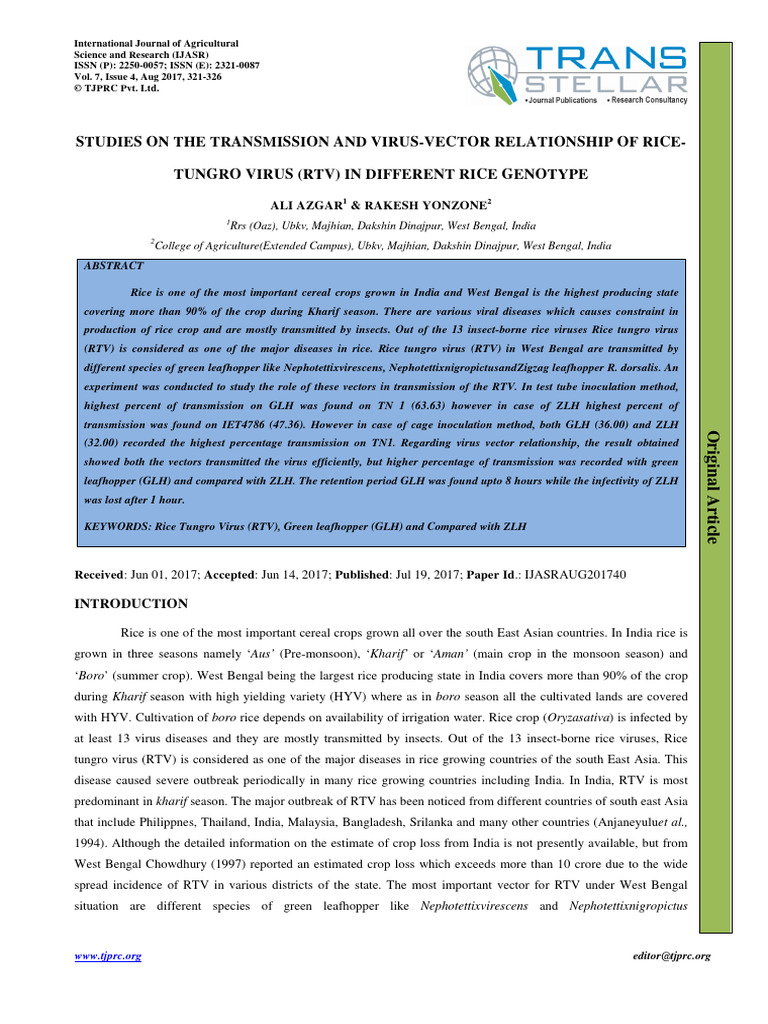 Studies On The Transmission and Virus-Vector Relationship of Rice ...
