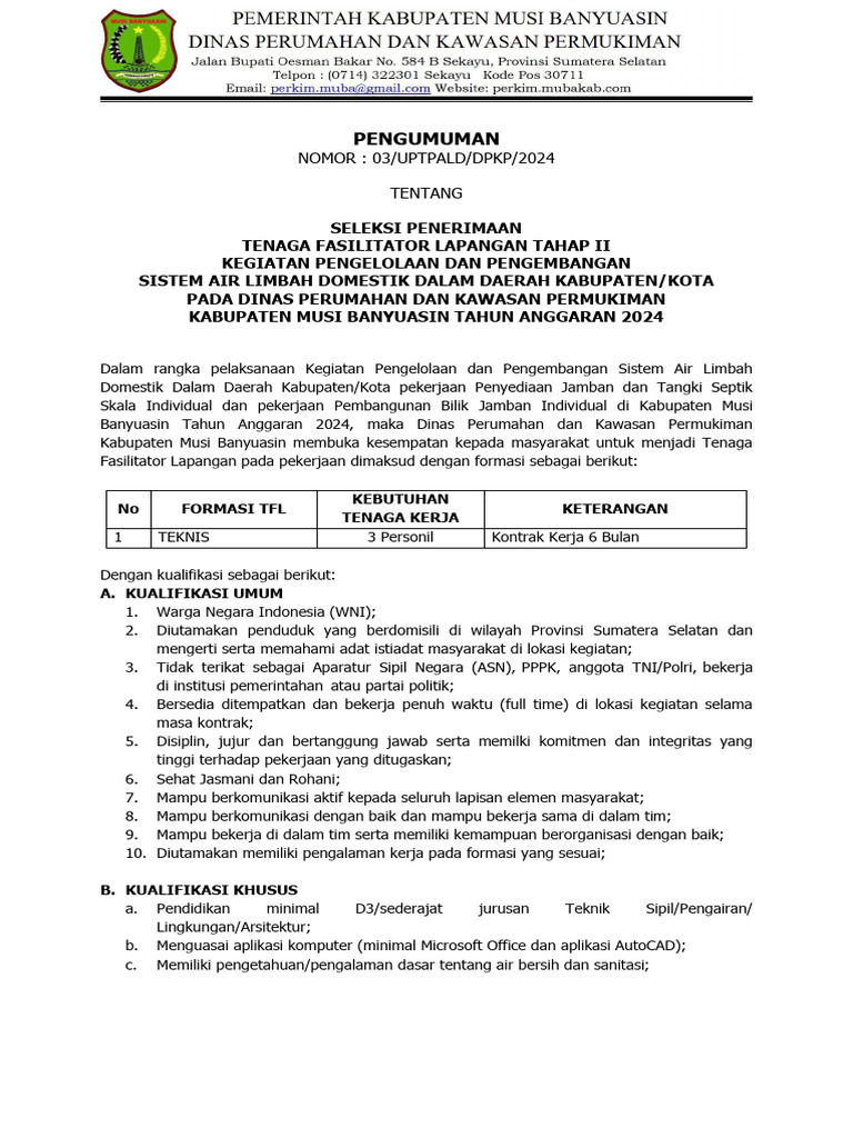 Pengumuman Rekrutmen TFL Sanitasi Bidang Teknis Tahap Ii | PDF