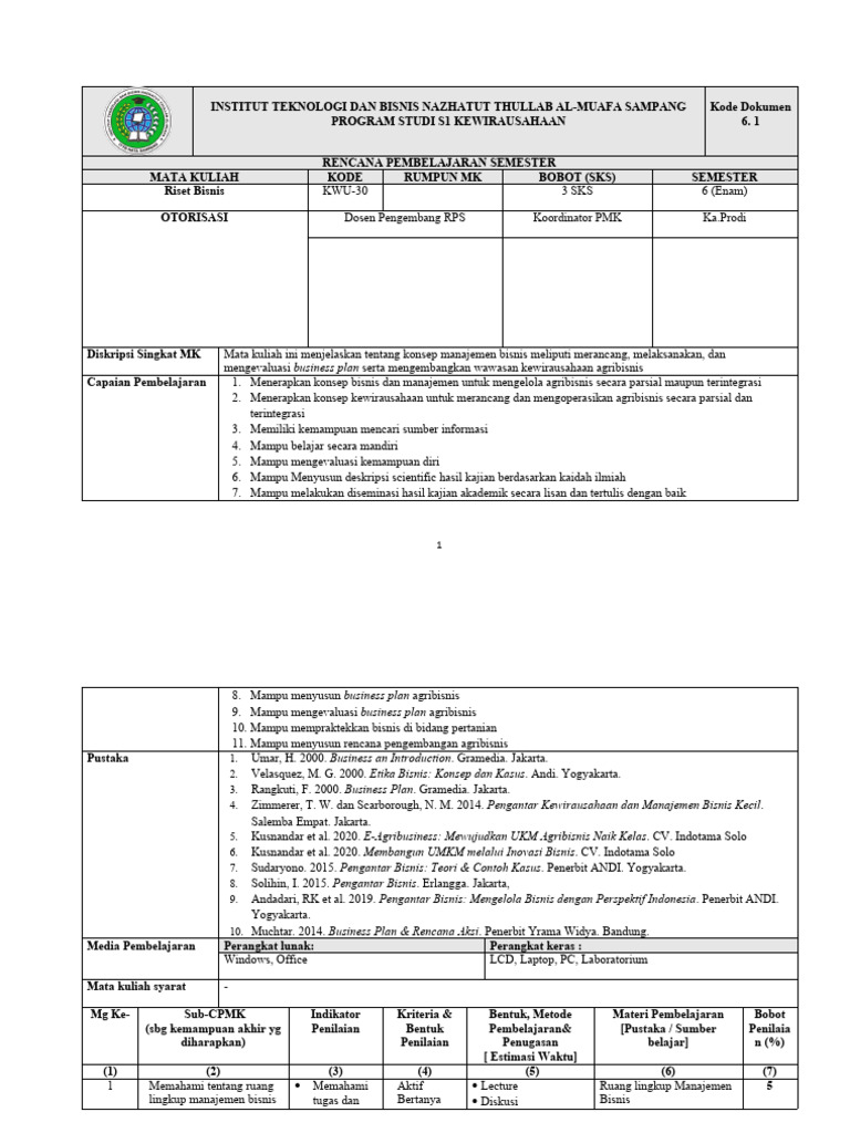 Rencana Pembelajaran Riset Bisnis S1 | PDF | Karier & Perkembangan | Pengembangan Diri