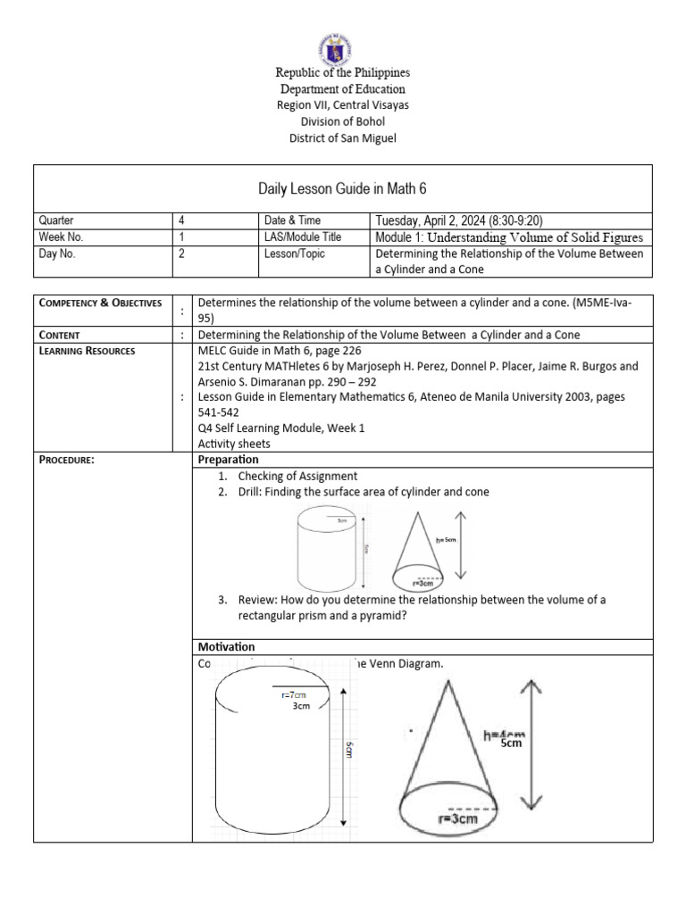 Prototype Lesson Plan in Math 6 Q4 Wk1 Day2 | PDF | Volume | Area
