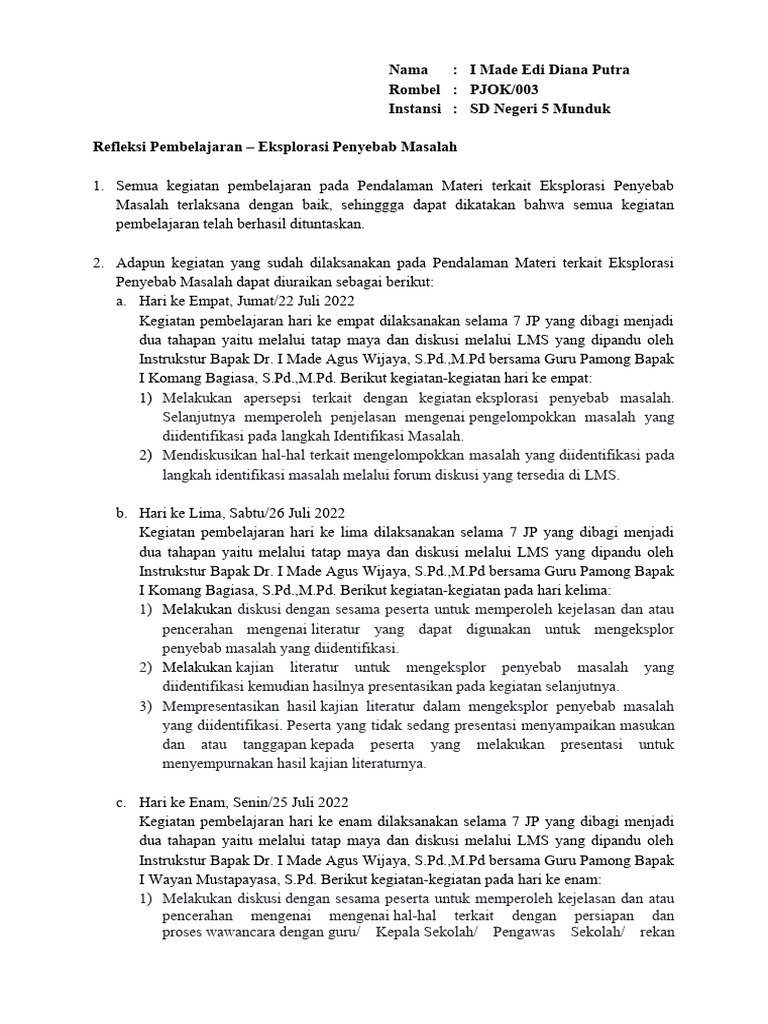 Refleksi Pembelajaran - Eksplorasi Penyebab Masalah (I Made Edi Diana ...