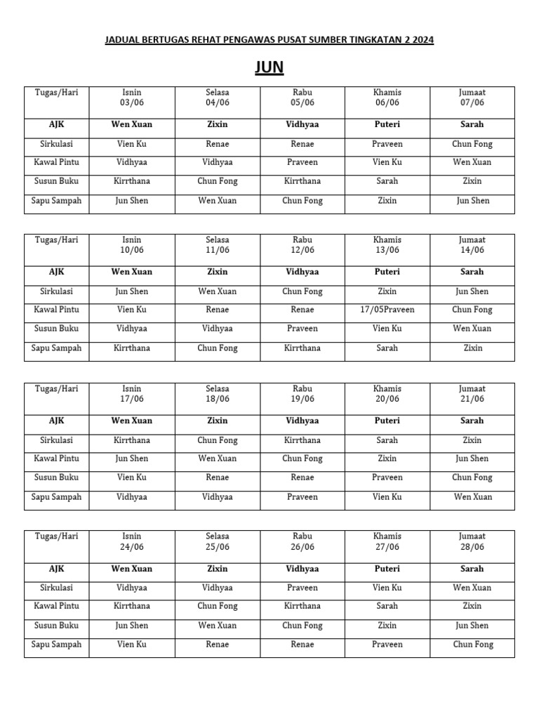 Jadual Rehat F2 Librarians 2024 (JUN) | PDF