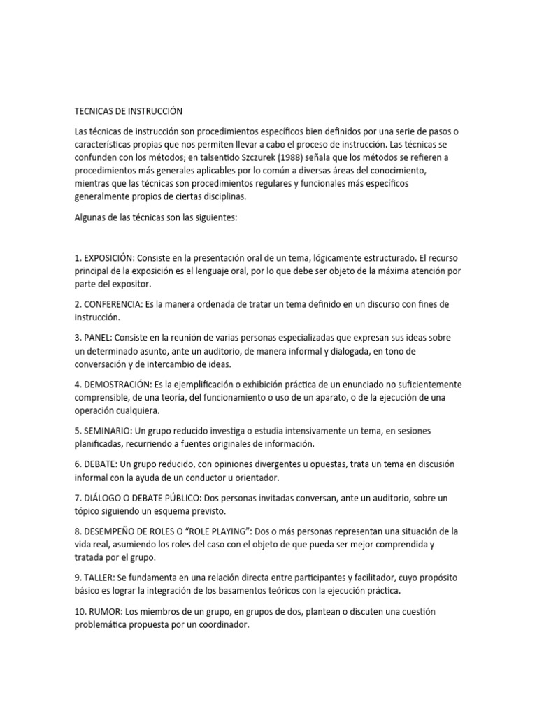 TECNICAS DE INSTRUCCIÓN Word | PDF | Maestros | Aprendizaje