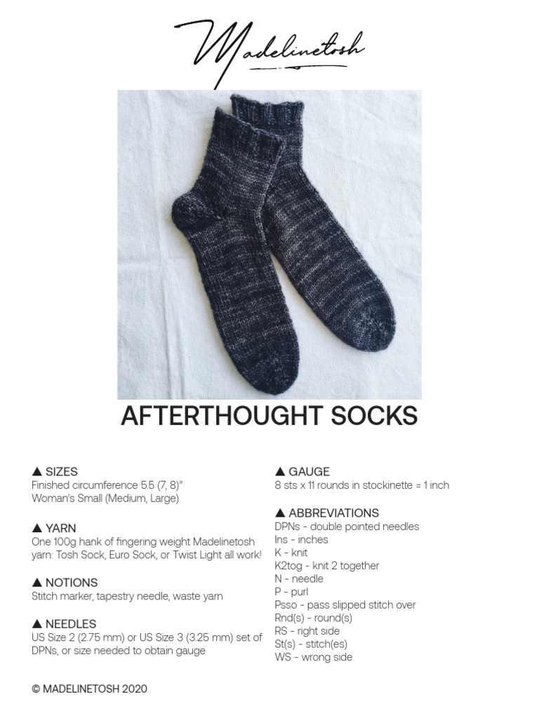 Madelinetosh Afterthought Socks - v2 | PDF | Knitting | Crafts