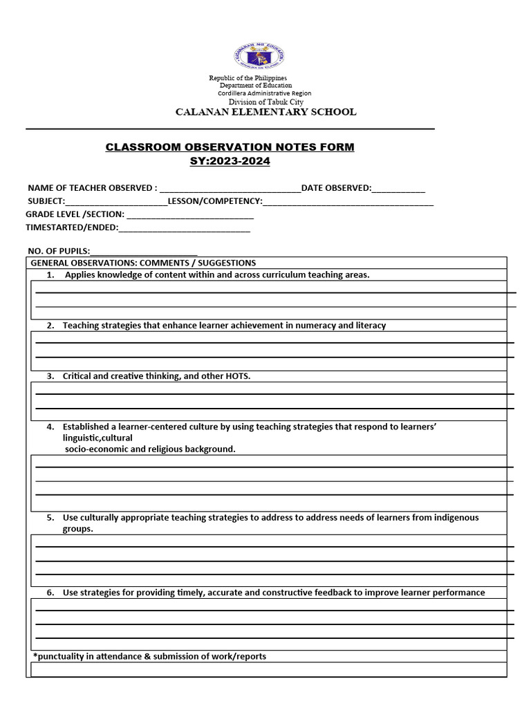 Classroom Observation Notes 2023-2024 | PDF | Teachers | Learning