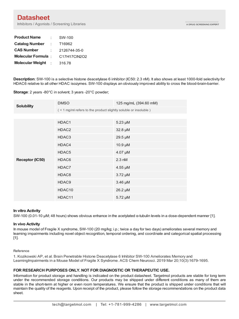 SW-100 Datasheet Targetmol | PDF | Pharmacology | Drugs