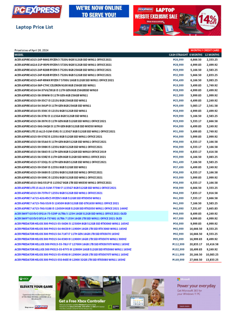 PC Express Laptop Pricelist | PDF | Microcomputers | Portable Computers