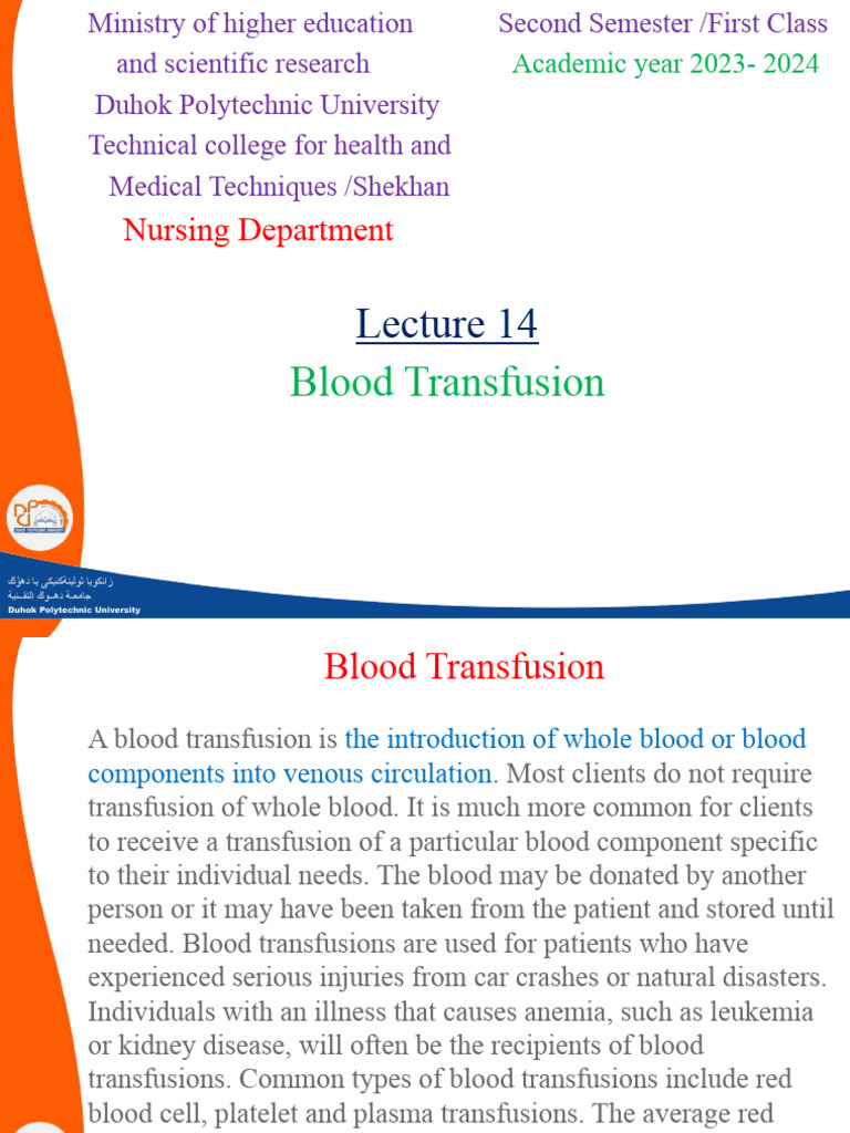 Blood Transfusion Nursing Lecture 14 Shekhan 2024 | PDF | Blood ...