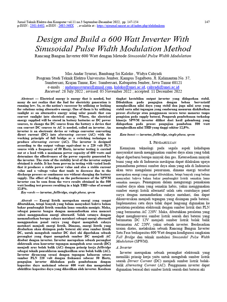 Rancang Bangun Inverter 600 Watt Dengan Metode SPWM Edit | PDF