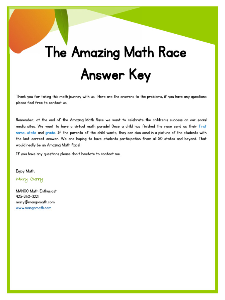 Amazing Math Race Answer Key | PDF | Mathematics