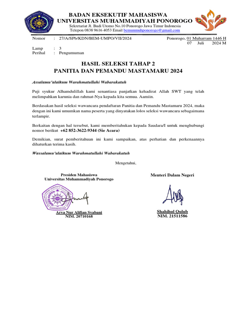 Pengumuman Lolos Seleksi Wawancara Panitia Mastamaru | PDF