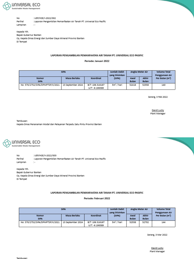 Laporan Penggunaan Air Sumur - PT. UEP | PDF
