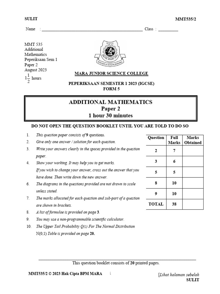P2 QP F5 Igcse Sem 1 23 (New Edited) | PDF | Mathematics