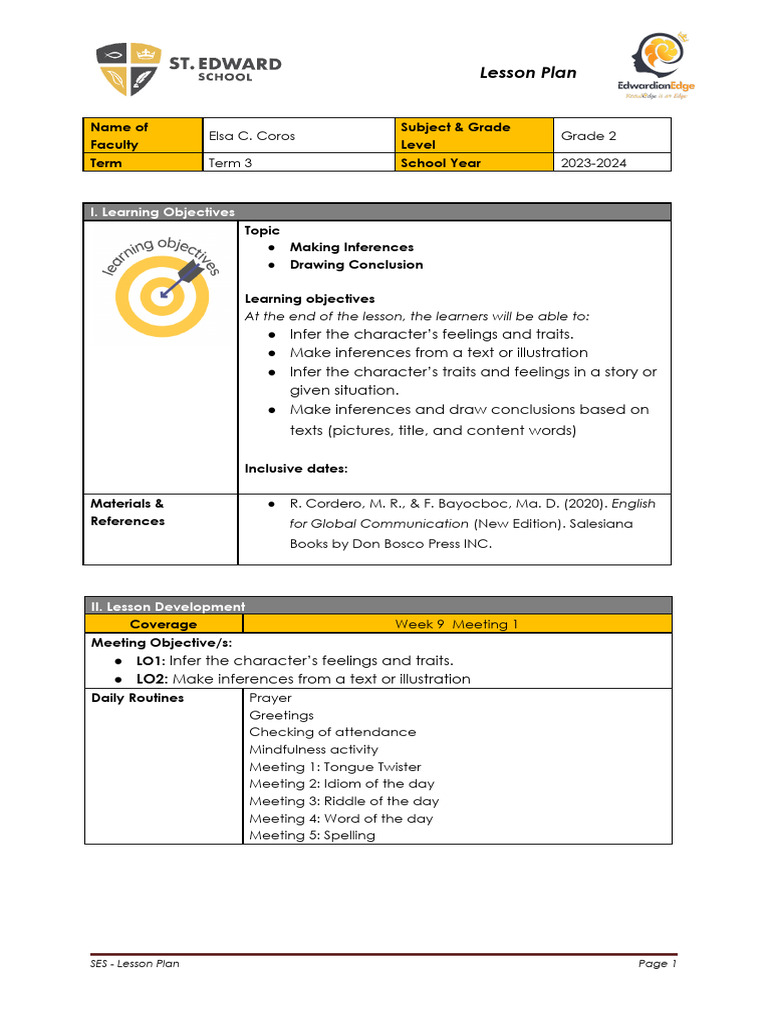 Name of Faculty Subject & Grade Level Term School Year: I. Learning Objectives | PDF | Inference ...
