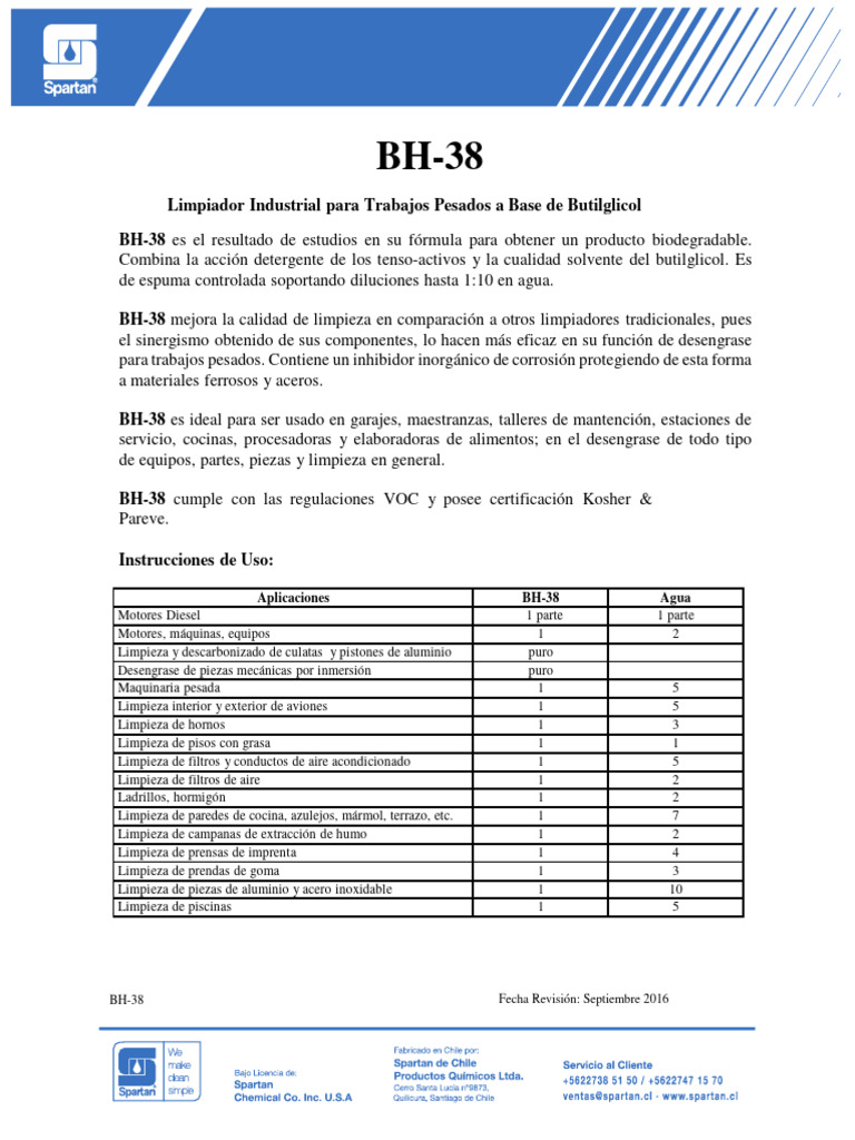 Ficha Técnica BH-38 Limpiador Industrial para Trabajos Pesados | PDF ...