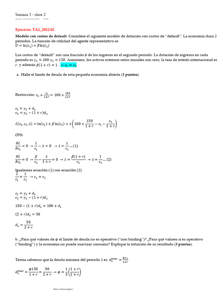 Semana 5 - Clase 2: Ejercicio: TA2 - 2022.02 | PDF | Economias | Ciencias económicas