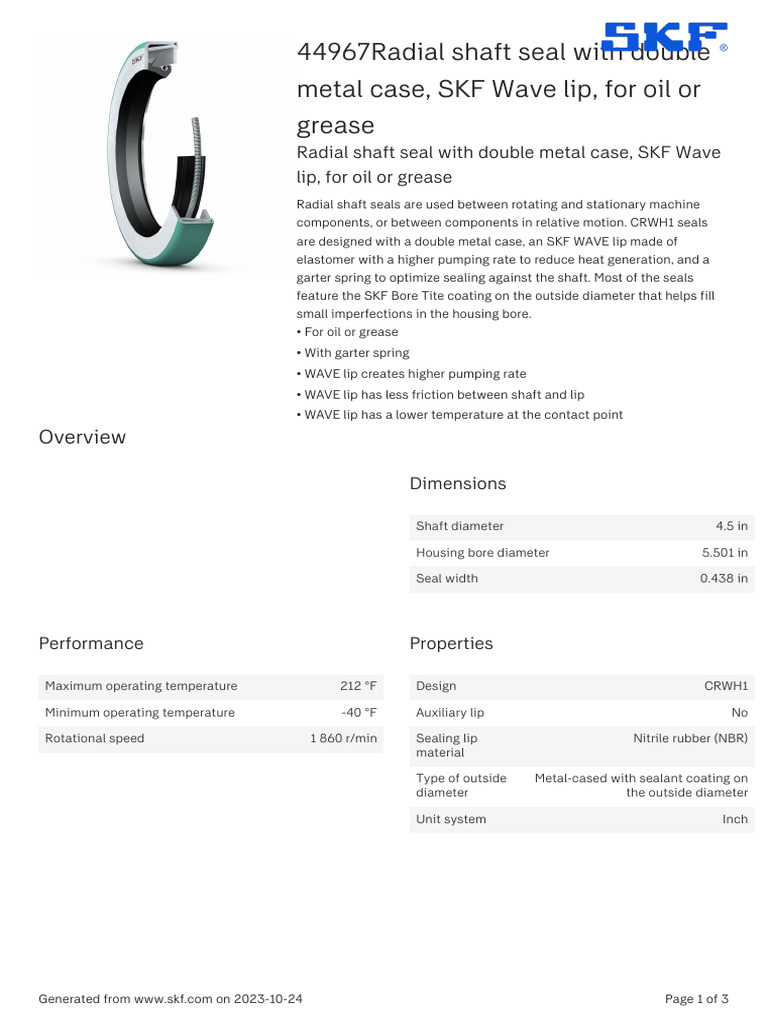 SKF 44967radial Shaft Seal With Double Metal Case, SKF Wave Lip, For Oil or Grease Specification ...