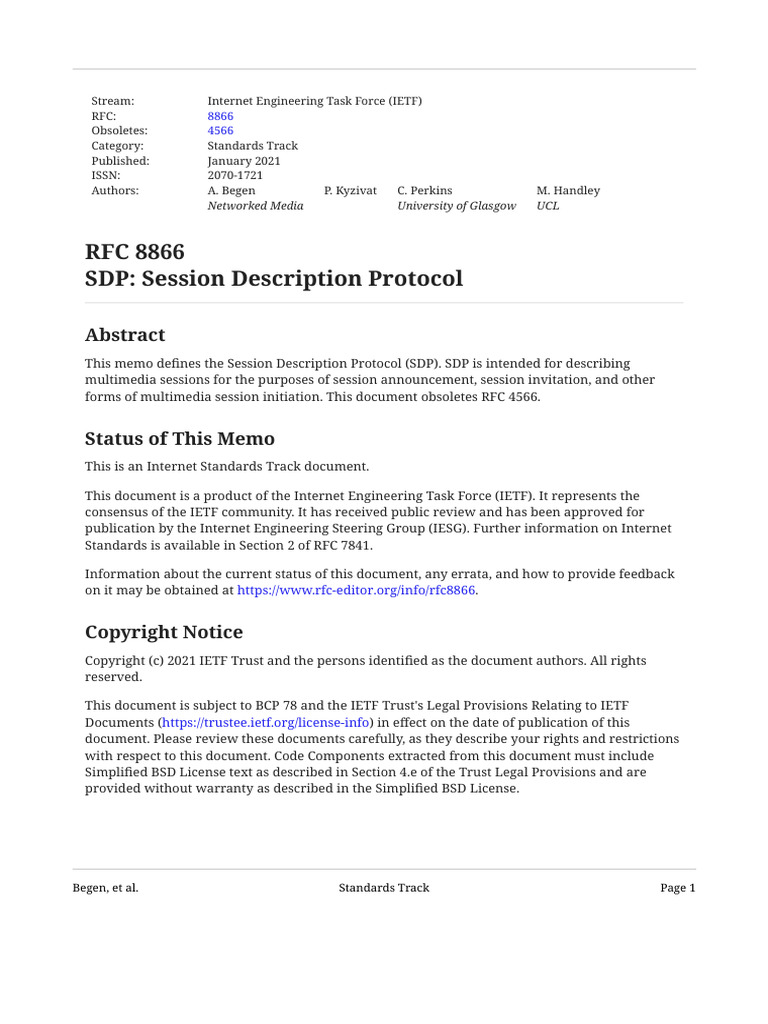 RFC 8866 | PDF | Multicast | Session Initiation Protocol