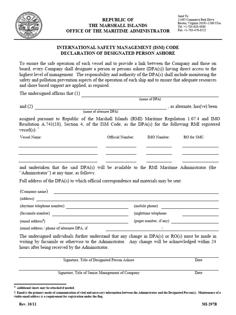 MI-297B ISM Code Declaration of Designated Person Ashore | PDF | Shipping