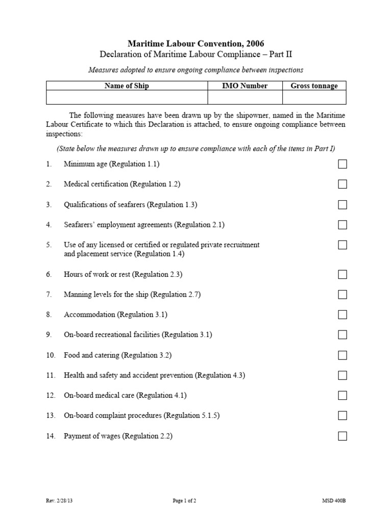 MSD400B Declaration of Maritime Labour Compliance (DMLC) - Part II | PDF