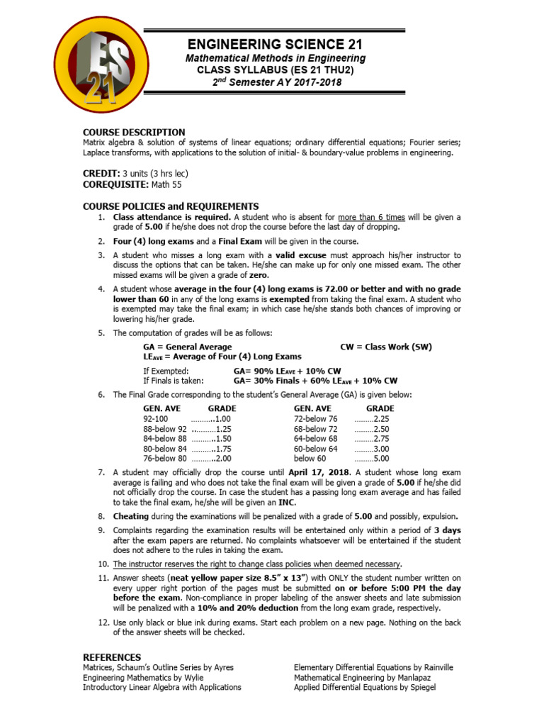 ES 21 Syllabus 2nd Sem AY 1718 | PDF | Equations | Differential Equations