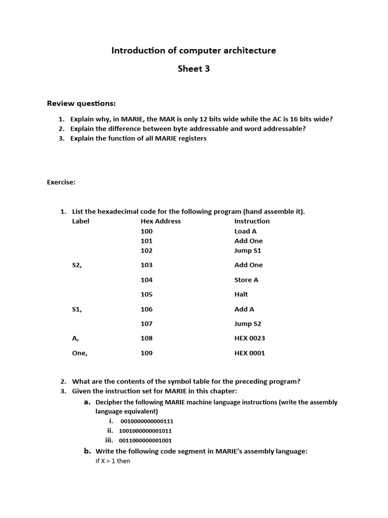 Introduction of Computer Architecture Sheet 3 | PDF | Assembly Language | Computer Programming