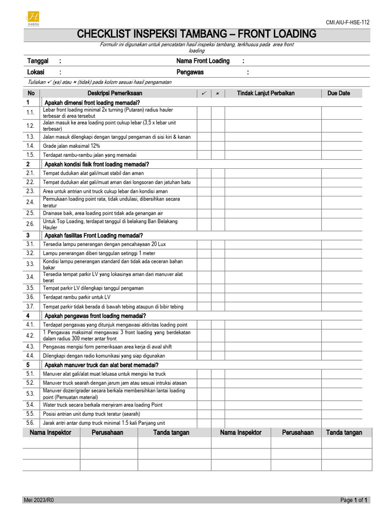 Form Inspeksi Front Loading | PDF