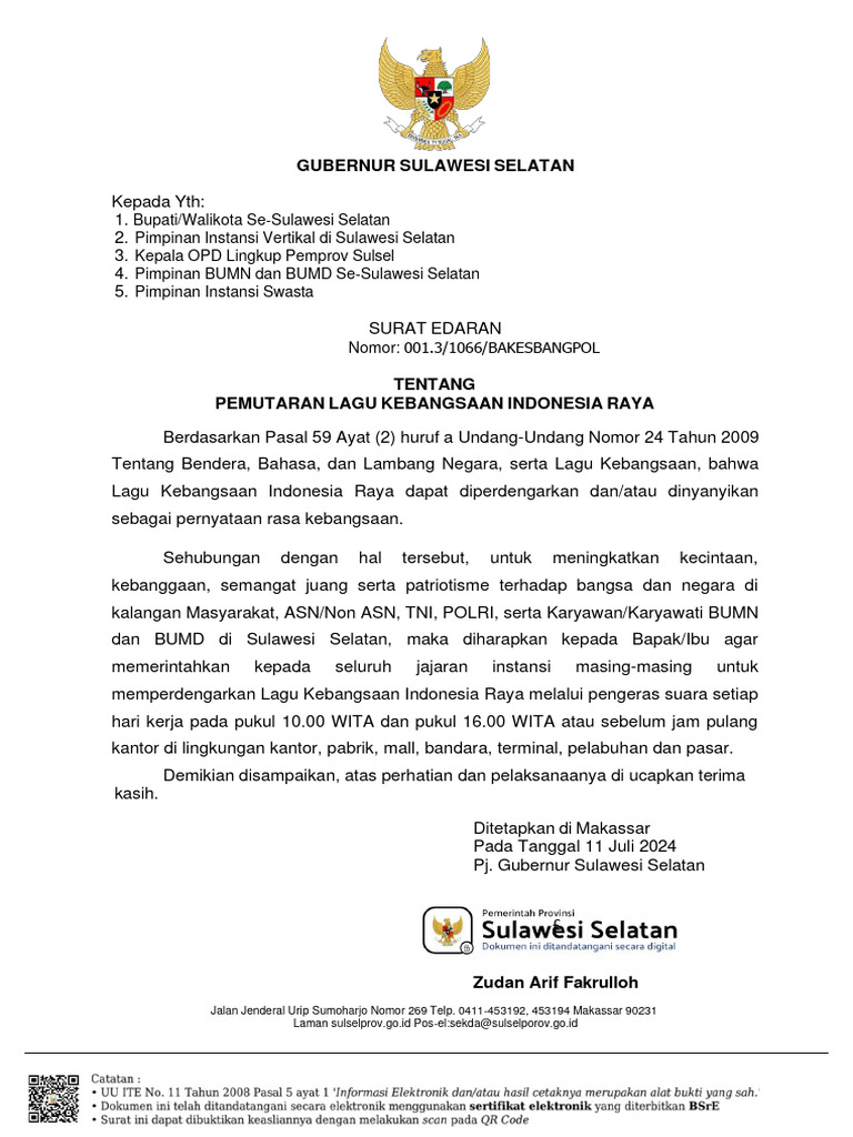 Surat Edaran Pemutaran Lagu Kebangsaan Indonesia Raya | PDF