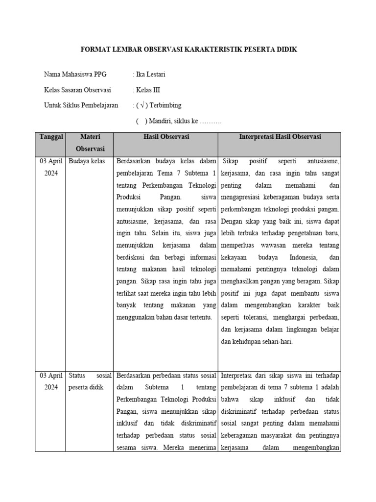 LK 2b Contoh Format Lembar Observasi Karakteristik Peserta Didik-1 | PDF