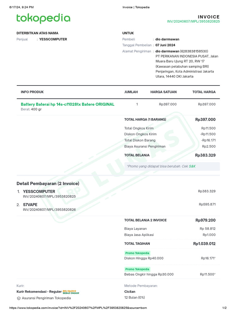 Invoice - Tokopedia 2 | PDF