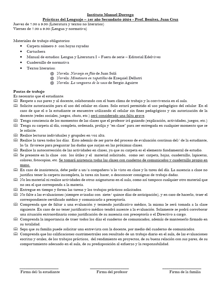 Prácticas del Lenguaje pautas de trabajo 1° | PDF