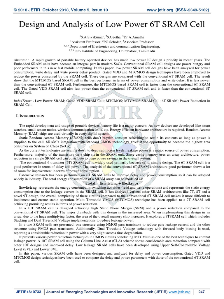 Design and Analysis of Low Power 6T SRAM Cell | PDF | Cmos | Computer ...