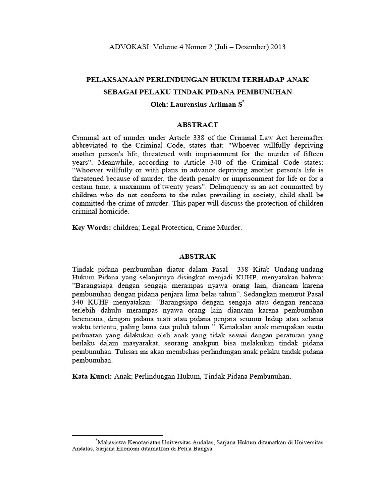 Pelaksanaan Perlindungan Hukum Terhadap Anak Sebagai Pelaku Tindak Pidana Pembunuhan, 4 (2) 2013 ...