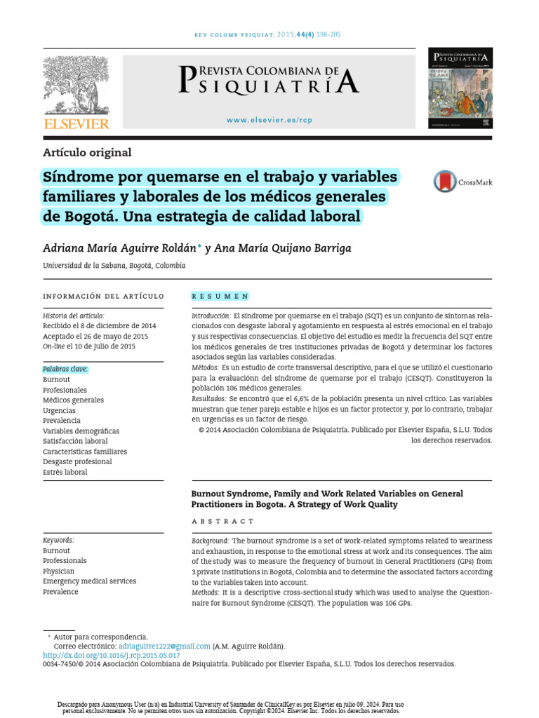 Síndrome Por Quemarse en El Trabajo y Variables Familiares y Laborales ...