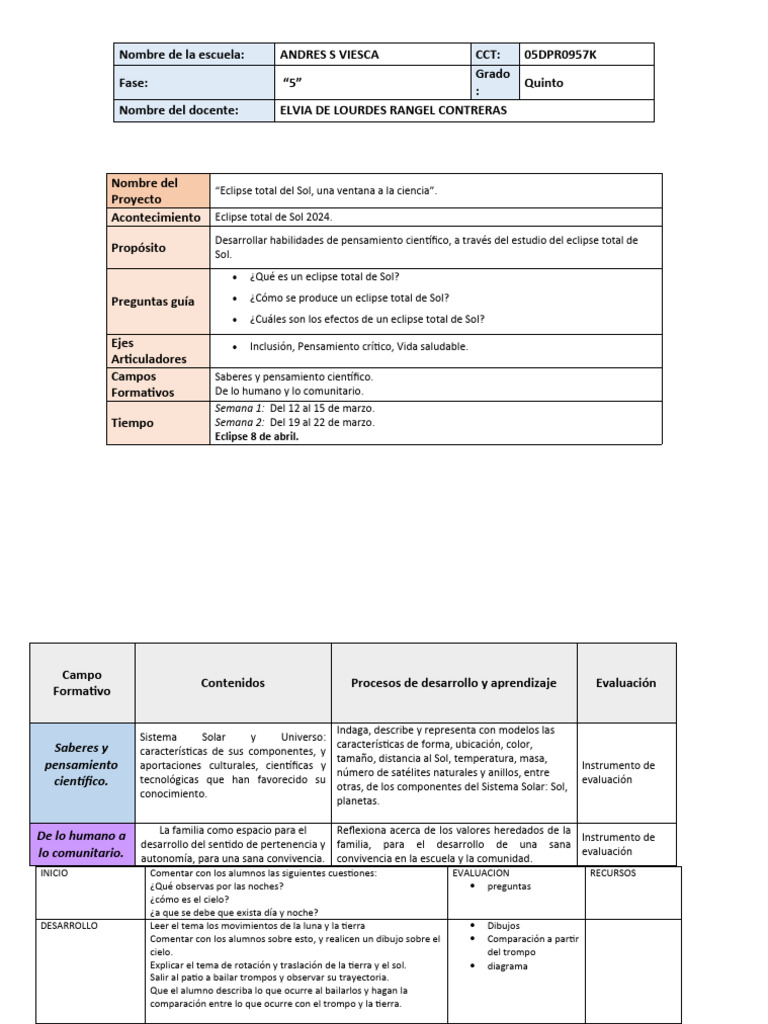 Propuesta Proyecto Eclipse Quinto Grado Primaria | PDF | Tierra | Dom