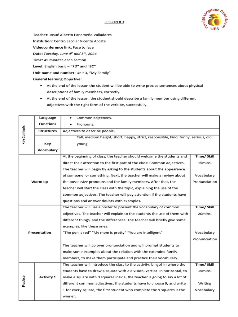Lesson Plan 3 - 45 Min Class - 7D and 9C2 | PDF | Syntax | Linguistics