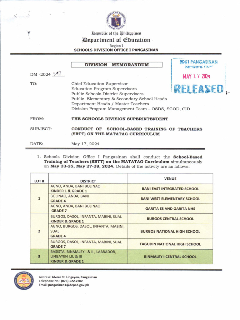 DM251s2024-Conduct of School-Based Training of Teachers (SBTT) On The ...