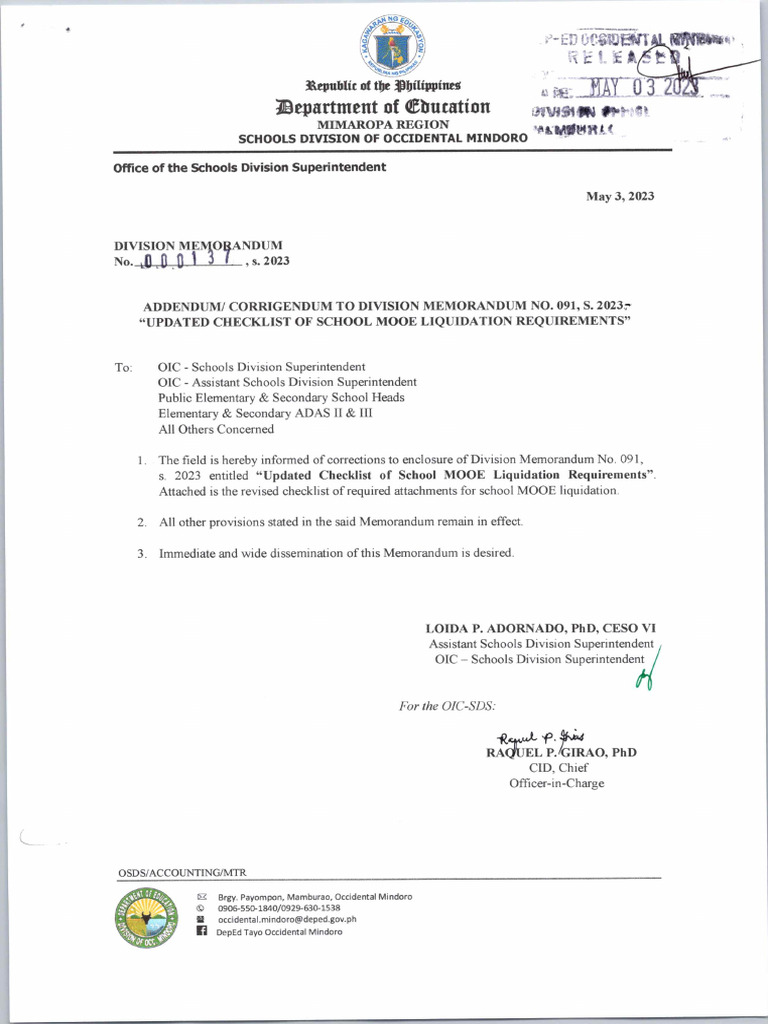 137 Updated Checklist of School Mooe Liquidation Requirements | PDF