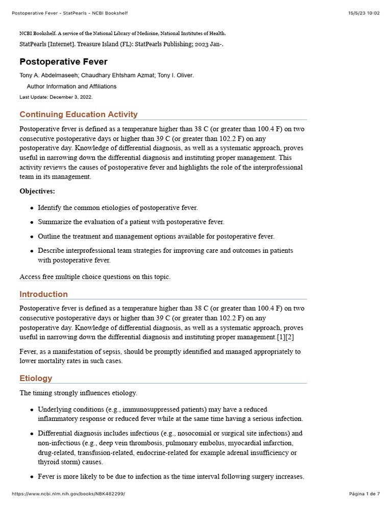 Postoperative Fever - StatPearls - NCBI Bookshelf | PDF | Sepsis | Surgery