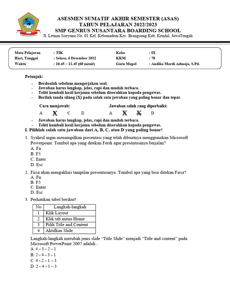 Soal PAS TIK 9 2022-2023 | PDF