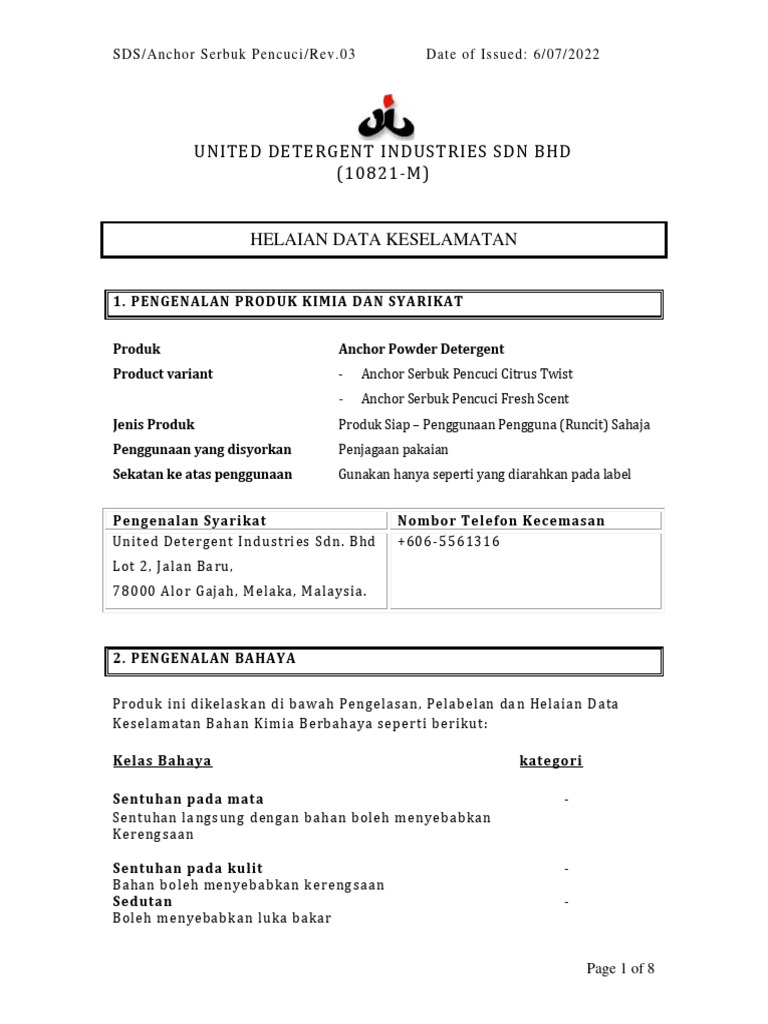 SDS Anchor Powder Detergent_Rev.03 - BM | PDF